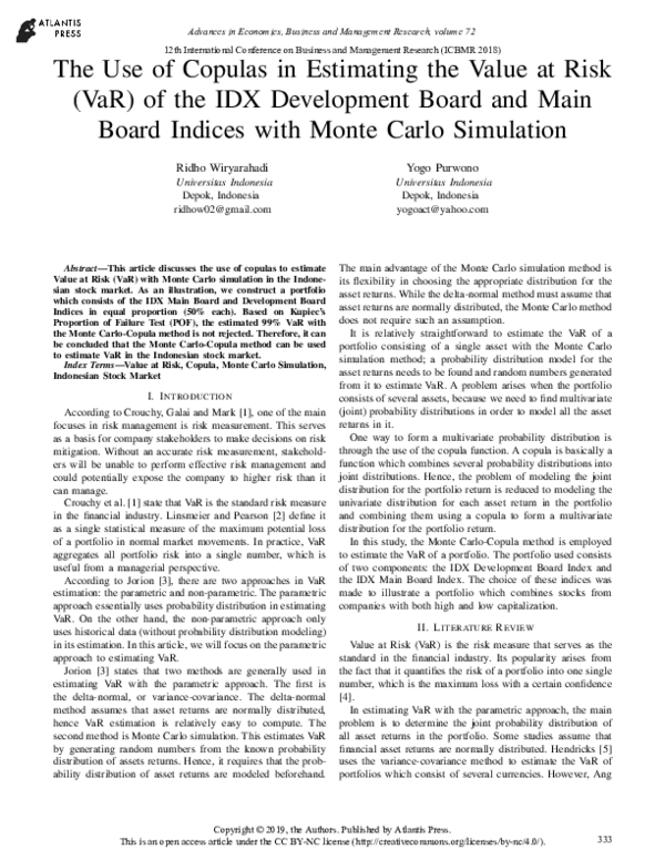 (PDF) The Use Of Copulas in Estimating The Value at Risk (VaR) Of The IDX Development Board and ...