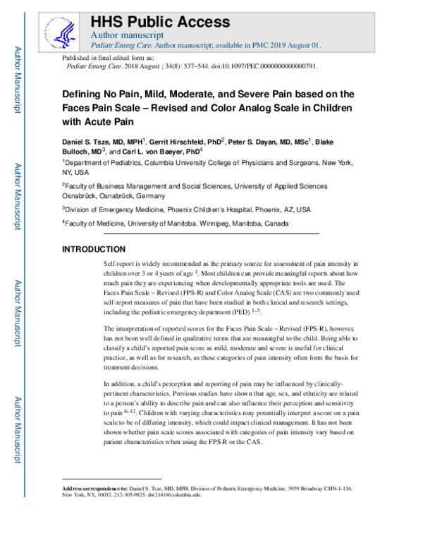 (PDF) Defining No Pain, Mild, Moderate, and Severe Pain Based on the ...