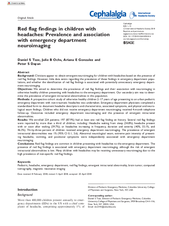 (PDF) Red flag findings in children with headaches: Prevalence and ...