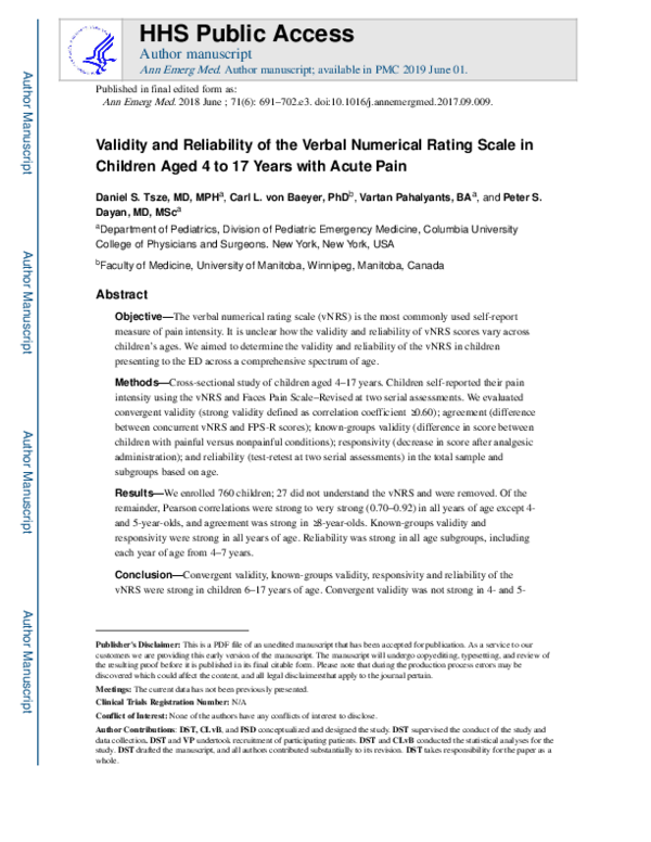(PDF) Validity and Reliability of the Verbal Numerical Rating Scale for ...