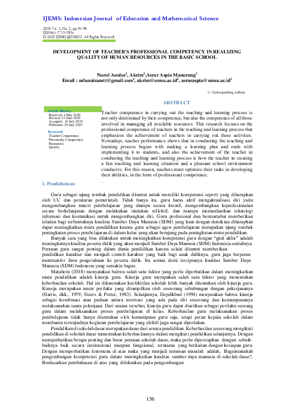 (PDF) Development Of Teacher's Professional Competency In Realizing Quality Of Human Resources ...