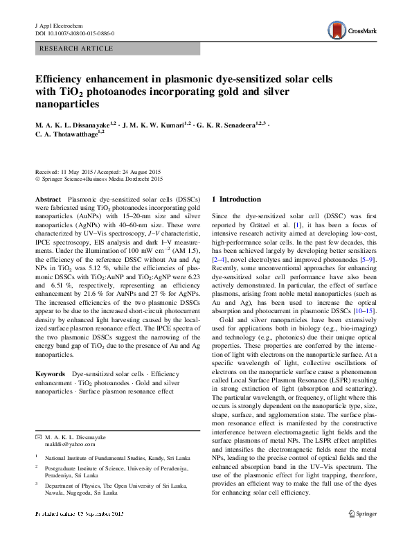 (PDF) Efficiency enhancement in plasmonic dye-sensitized solar cells with TiO2 photoanodes ...