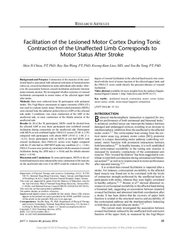 (PDF) Facilitation of the Lesioned Motor Cortex During Tonic Contraction of the Unaffected Limb ...