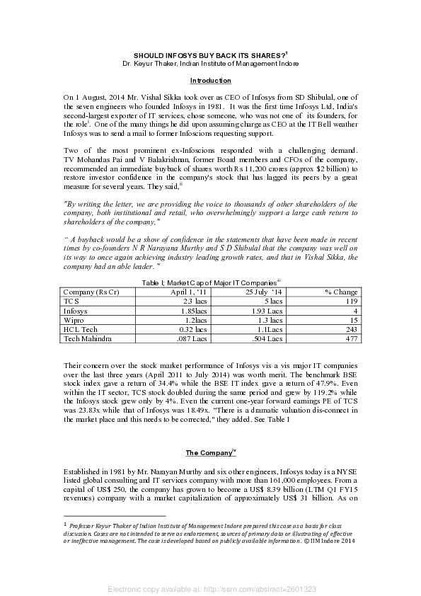 (PDF) Should Infosys Buy Back its Shares | Keyur Thaker - Academia.edu