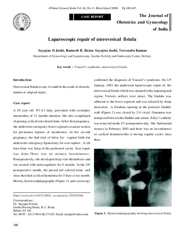 Pdf Laparoscopic Repair Of Uterovesical Fistula Suyajna Joshi