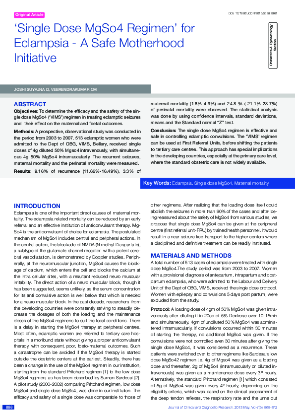 (PDF) Single Dose MgSo4 Regimen' for Eclampsia - A Safe Motherhood ...