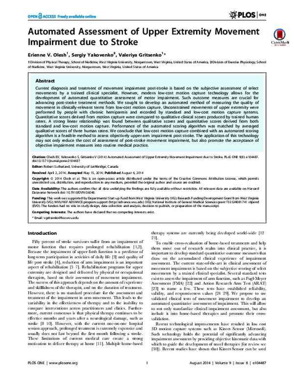 (PDF) Automated Assessment of Upper Extremity Movement Impairment due ...