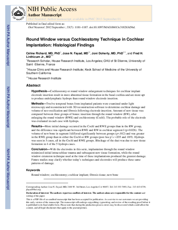 (PDF) Round Window Versus Cochleostomy Technique in Cochlear Implantation