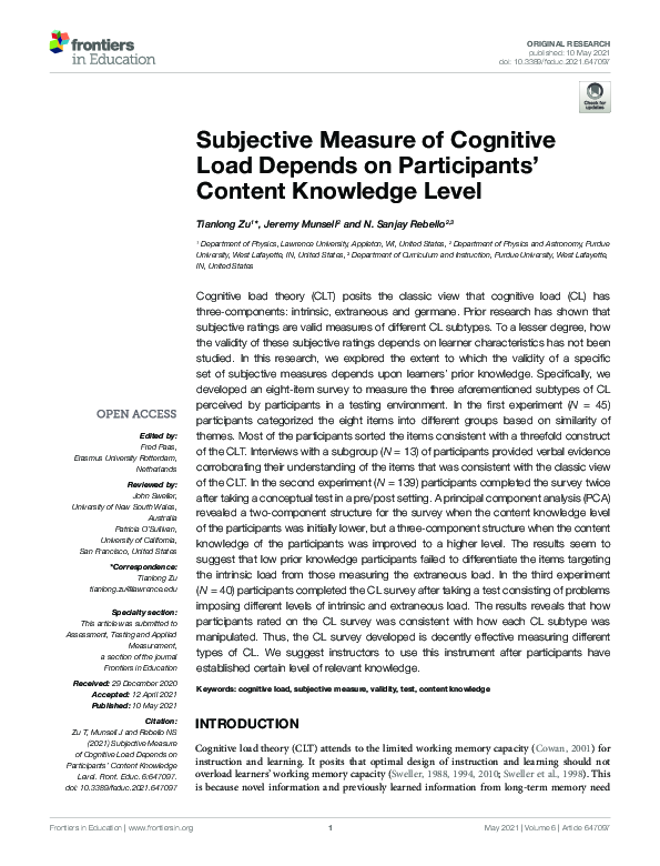 (PDF) Subjective Measure of Cognitive Load Depends on Participants ...