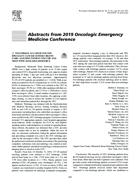 (PDF) Teletriage at a High-Volume Specialty Cancer Center Urgent Care ...