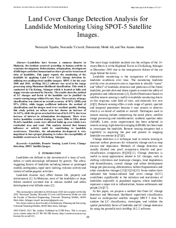 (PDF) Land Cover Change Detection Analysis for Landslide Monitoring Using SPOT-5 Satellite Images