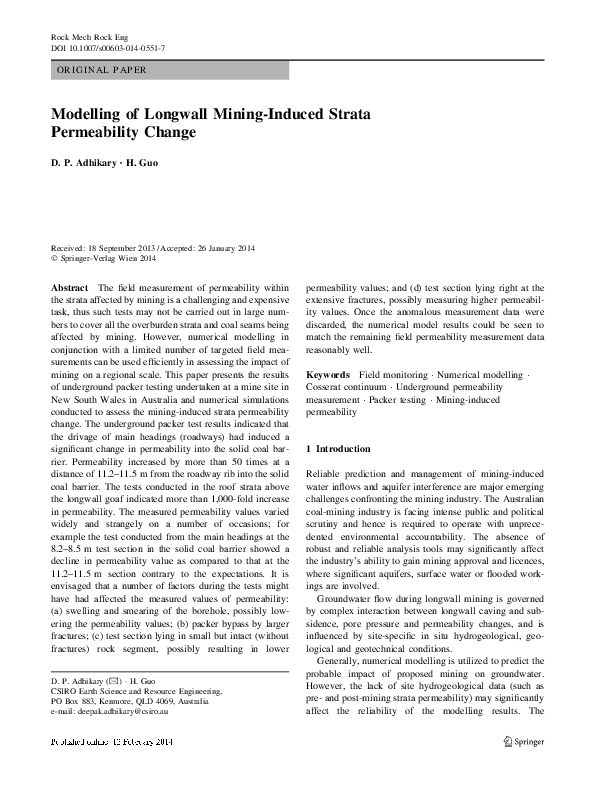 (PDF) Modelling of Longwall Mining-Induced Strata Permeability Change