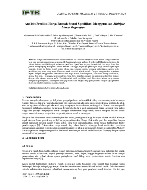 (PDF) Analisis Prediksi Harga Rumah Sesuai Spesifikasi Menggunakan ...