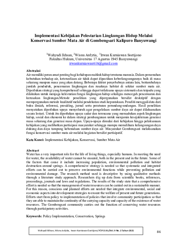 (PDF) Implementasi Kebijakan Pelestarian Lingkungan Hidup melalui ...
