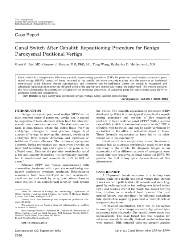 (PDF) Canal switch after canalith repositioning procedure for benign ...