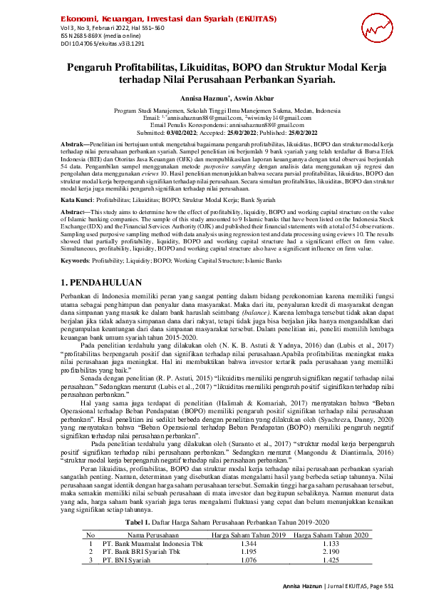 (PDF) Pengaruh Profitabilitas, Likuiditas, BOPO dan Struktur Modal Kerja terhadap Nilai ...