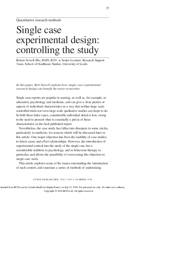(PDF) Single case experimental design: controlling the study