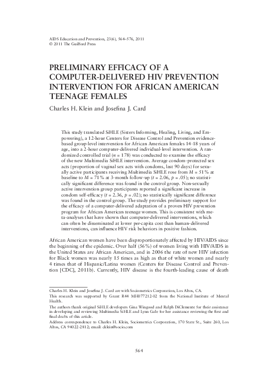 (PDF) Preliminary Efficacy of a Computer-Delivered HIV Prevention ...