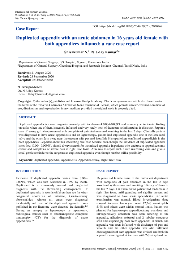 Pdf Duplicated Appendix With An Acute Abdomen In 16 Years Old Female With Both Appendices
