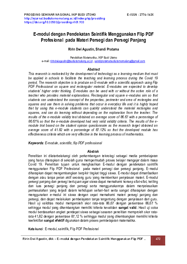 (PDF) E-Modul dengan Pendekatan Saintifik Menggunakan Flip PDF Profesional pada Materi Persegi ...