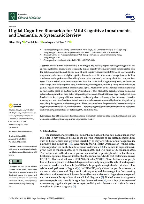 (PDF) Digital Cognitive Biomarker for Mild Cognitive Impairments and Dementia: A Systematic Review