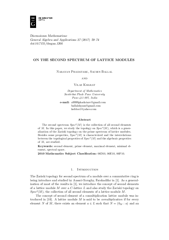 (PDF) On the second spectrum of lattice modules | Sachin Ballal - Academia.edu
