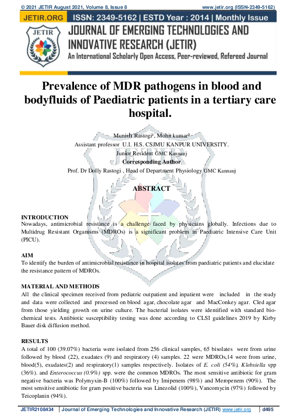 (PDF) Prevalence of MDR pathogens in blood and bodyfluids of Paediatric ...