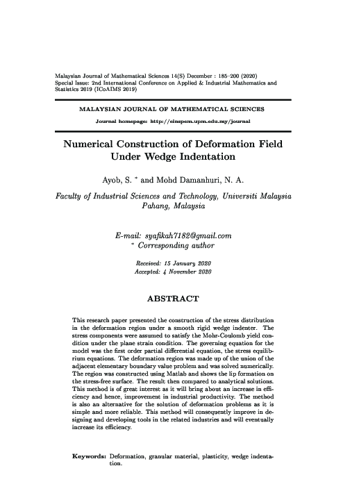 (PDF) Numerical Construction of Deformation Field Under Wedge Indentation