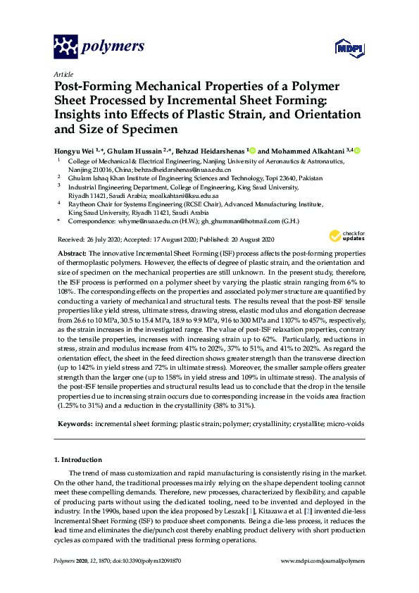 (PDF) Post-Forming Mechanical Properties of a Polymer Sheet Processed ...