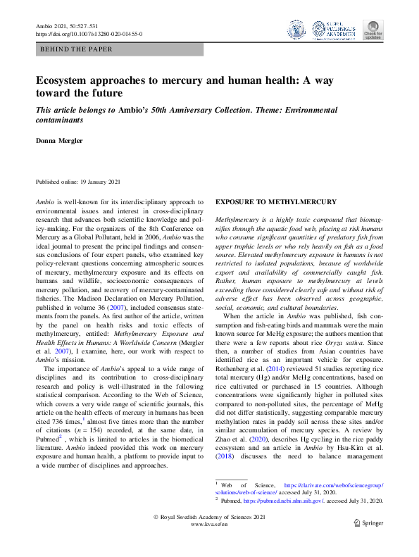 (PDF) Ecosystem approaches to mercury and human health: A way toward ...