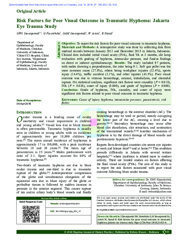 (PDF) Risk factors for poor visual outcome in traumatic hyphema ...
