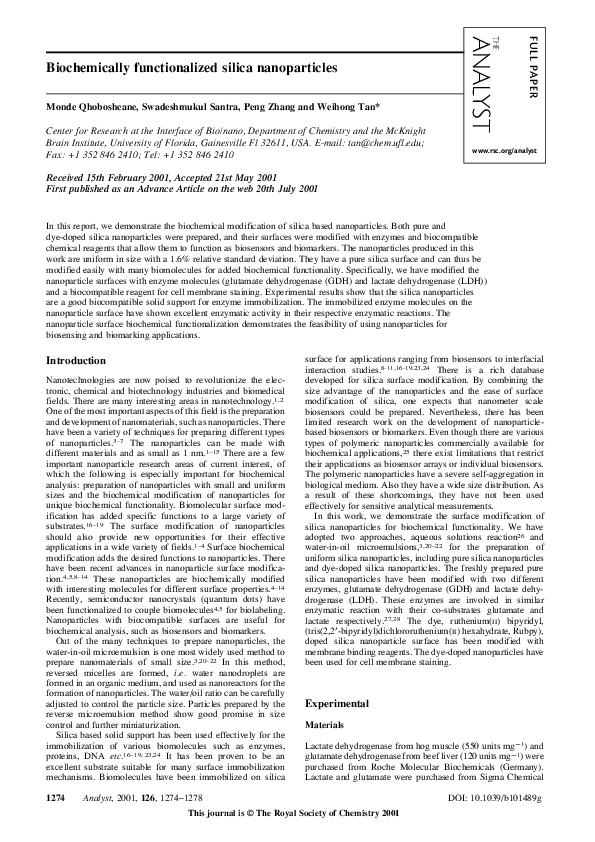 (PDF) Biochemically functionalized silica nanoparticles