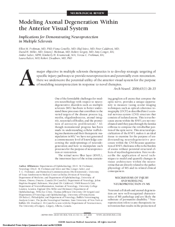 (PDF) Modeling Axonal Degeneration Within the Anterior Visual System