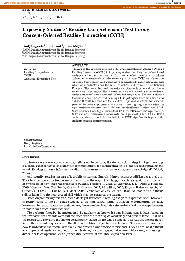 (PDF) Improving Students’ Reading Comprehension Text through Concept-Oriented Reading ...