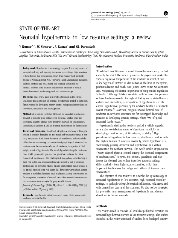 (PDF) Neonatal hypothermia in low resource settings: a review