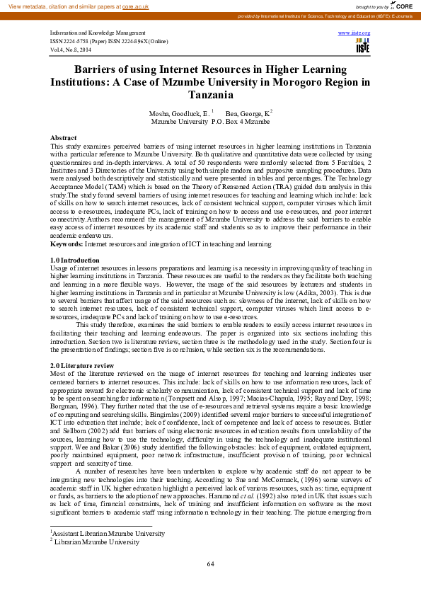 (PDF) Barriers of using Internet Resources in Higher Learning Institutions: A Case of Mzumbe ...