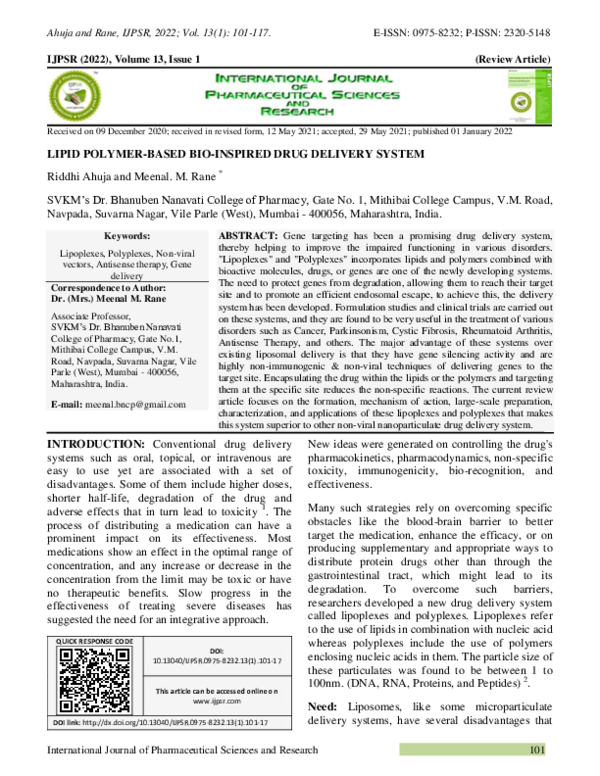 (PDF) LIPID POLYMER-BASED BIO-INSPIRED DRUG DELIVERY SYSTEM