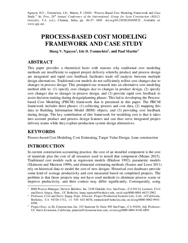 (PDF) Process-Based Cost Modeling Framework and Case Study | Iris ...