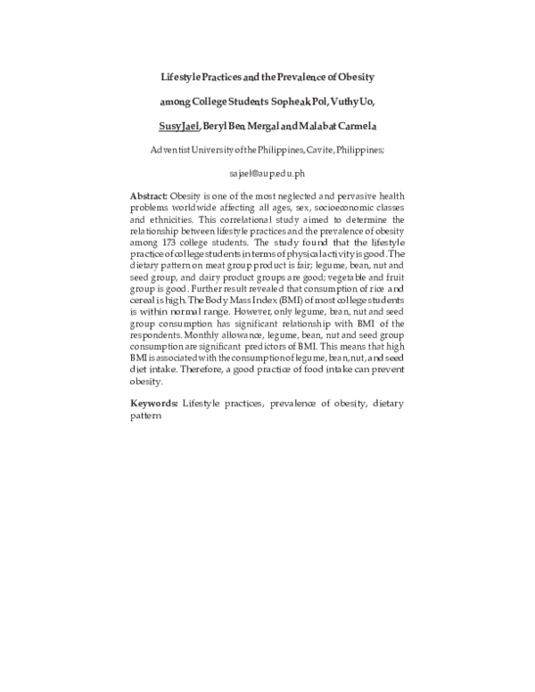 (PDF) Lifestyle Practices and the Prevalence of Obesity among College ...