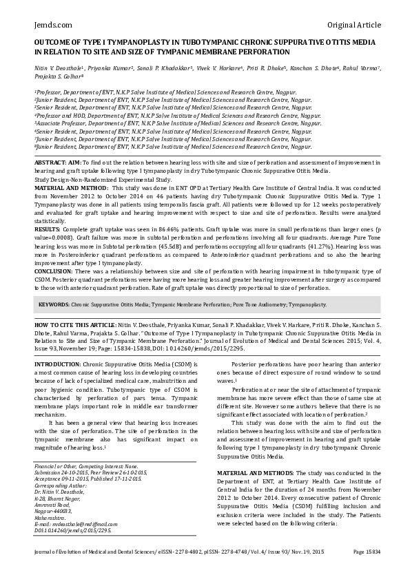 (PDF) Outcome of Type I Tympanoplasty in Tubotympanic Chronic ...