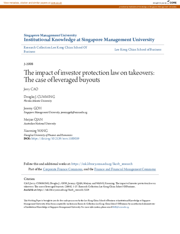 (PDF) The impact of investor protection law on takeovers: The case of ...