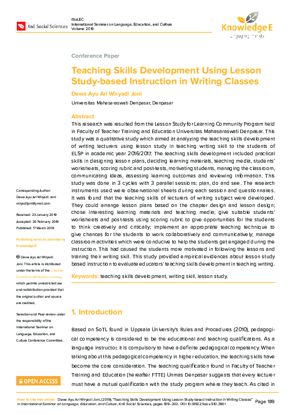 (PDF) Teaching Skills Development Using Lesson Study-based Instruction ...