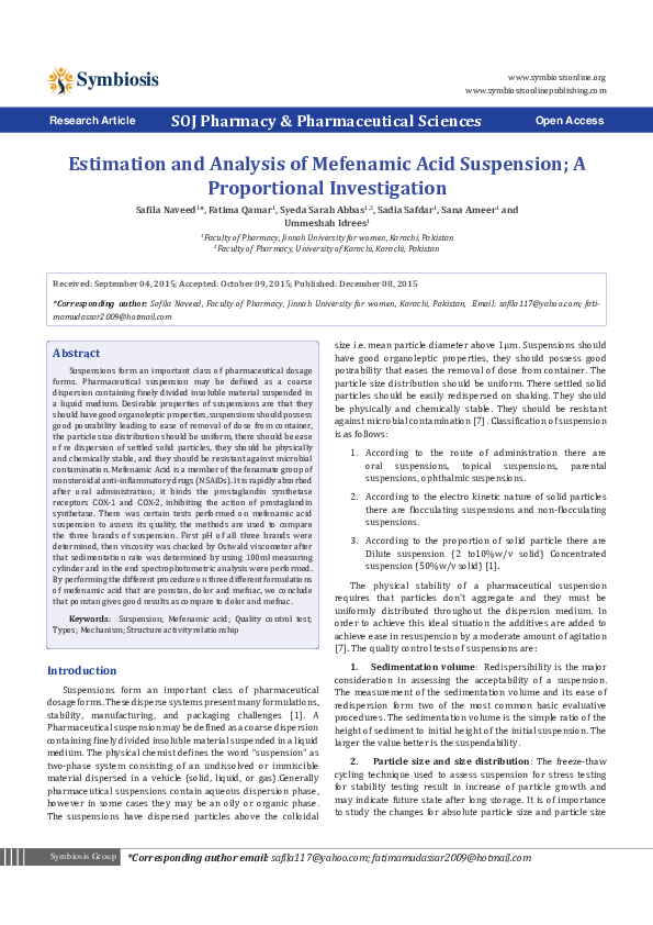 (PDF) Estimation and Analysis of Mefenamic Acid Suspension; A Proportional Investigation