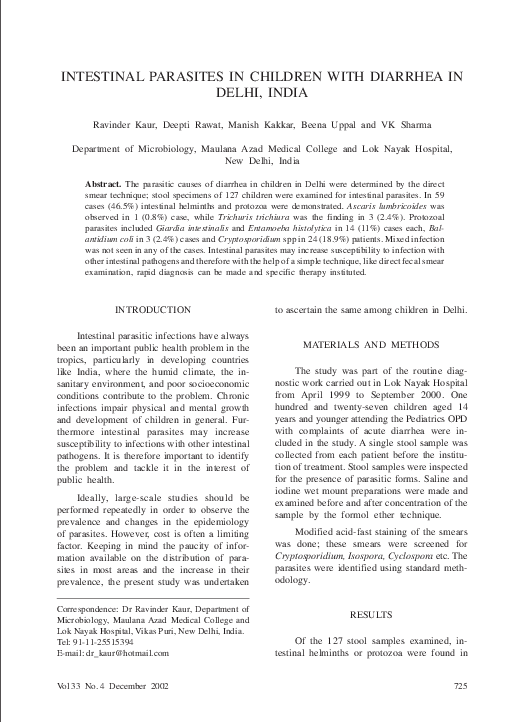 (PDF) Intestinal parasites in children with diarrhea in Delhi, India