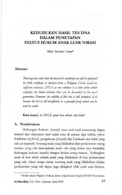 (PDF) Kedudukan Hasil Tes DNA dalam Penetapan Status Hukum Anak Luar Nikah