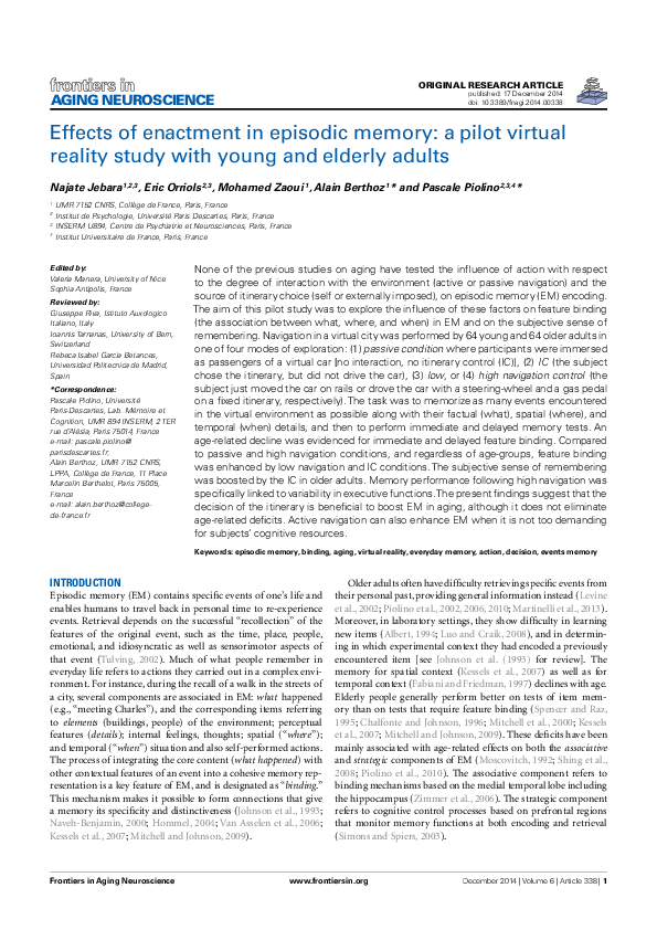 (PDF) Effects of enactment in episodic memory: a pilot virtual reality ...