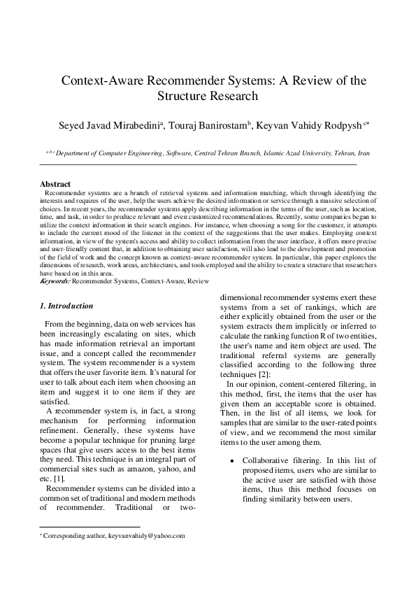 Pdf Context Aware Recommender Systems A Review Of The Structure Research