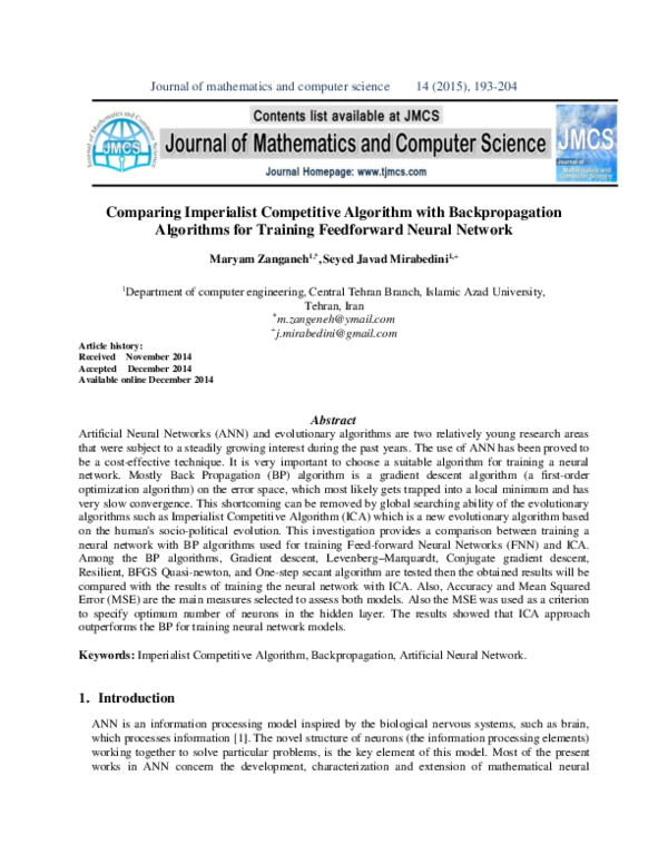 (PDF) Comparing Imperialist Competitive Algorithm With Backpropagation Algorithms For Training ...