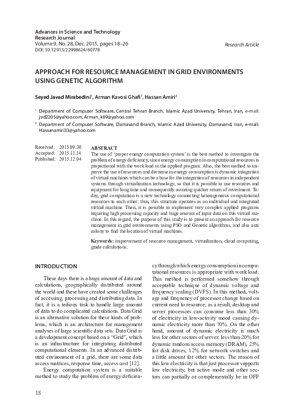 (PDF) Approach for Resource Management in Grid Environments Using Genetic Algorithm