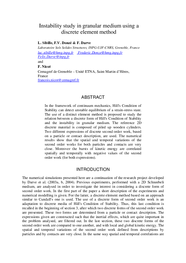 (PDF) Instability study in granular medium using a discrete element method